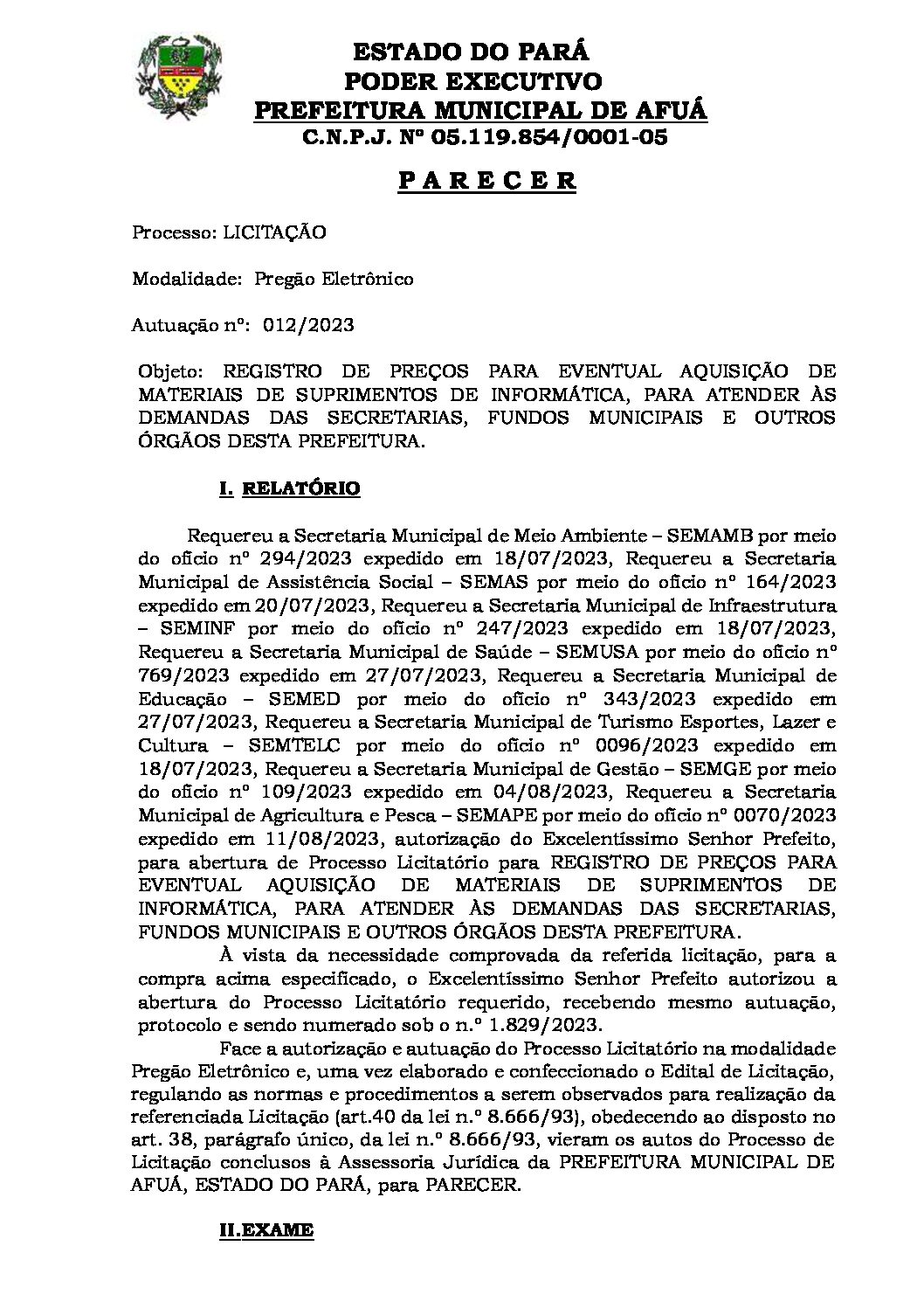PARECER JURÍDICO EDITAL PREGÃO ELETRÔNICO 012-2023 -SUPRIMENTOS DE ...